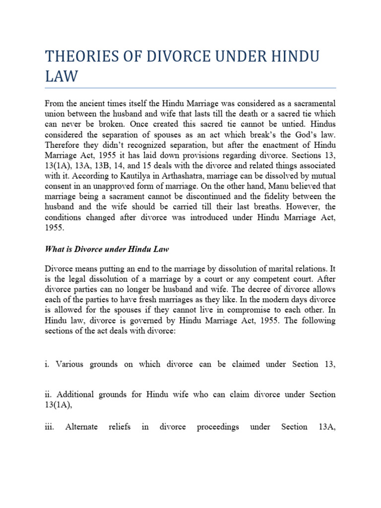 Theories of Divorce Under Hindu Law | PDF | Divorce | Marriage