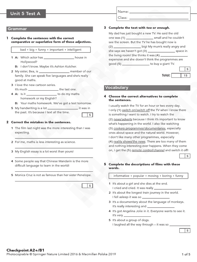 Checkpoint A2+ B1 Unit 5 Test A | PDF