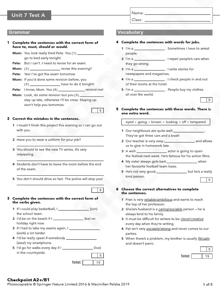 Checkpoint A2+ B1 Unit 7 Test A | PDF