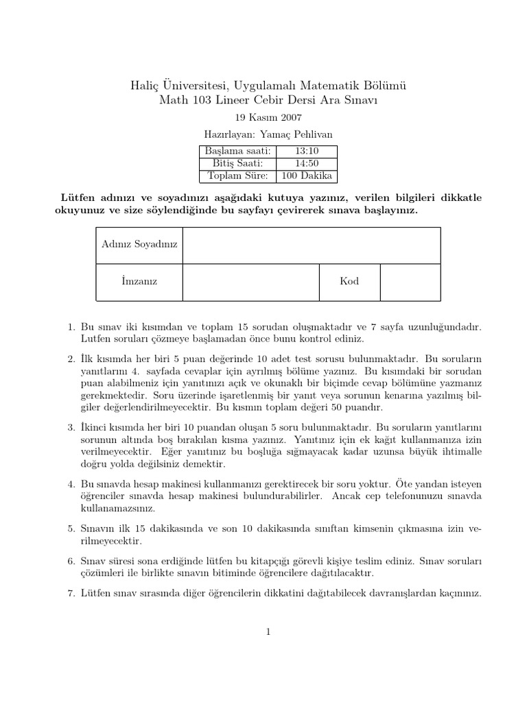 Math 103 Lineer Cebir Dersi Ara Sınavı | PDF