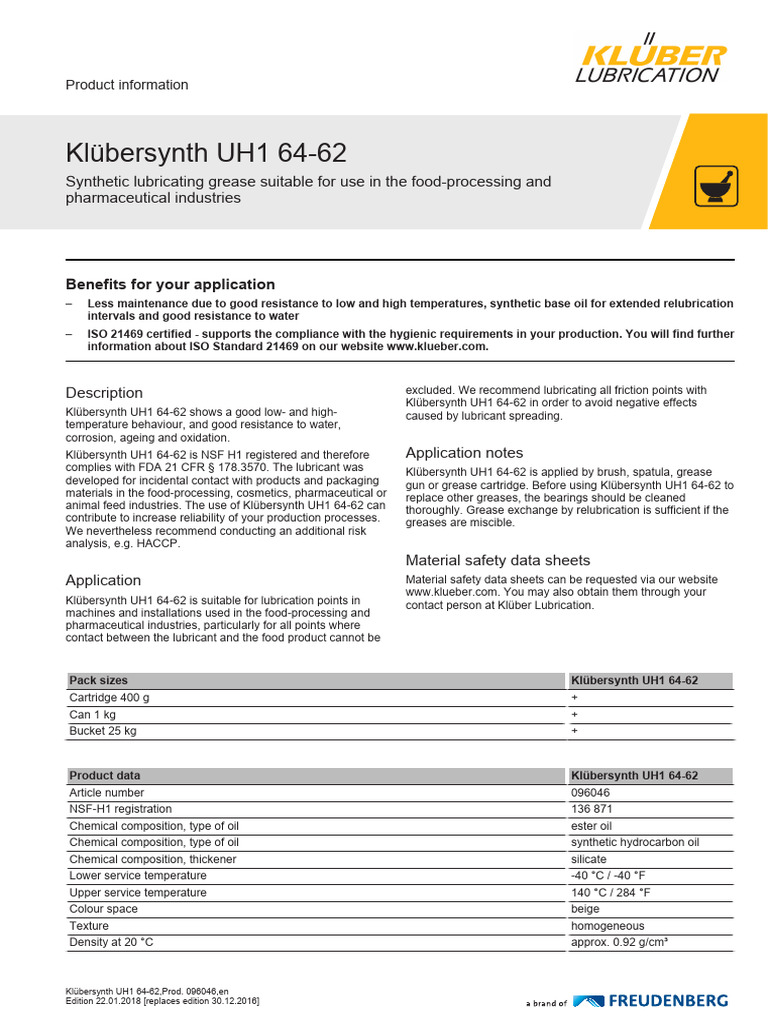 Klübersynth UH1 64-62 EN en | Download Free PDF | Lubricant | Materials