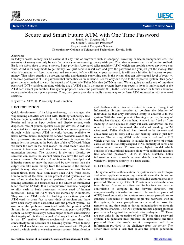 .Secure and Smart Future ATM With One Time Password | PDF | Automated ...