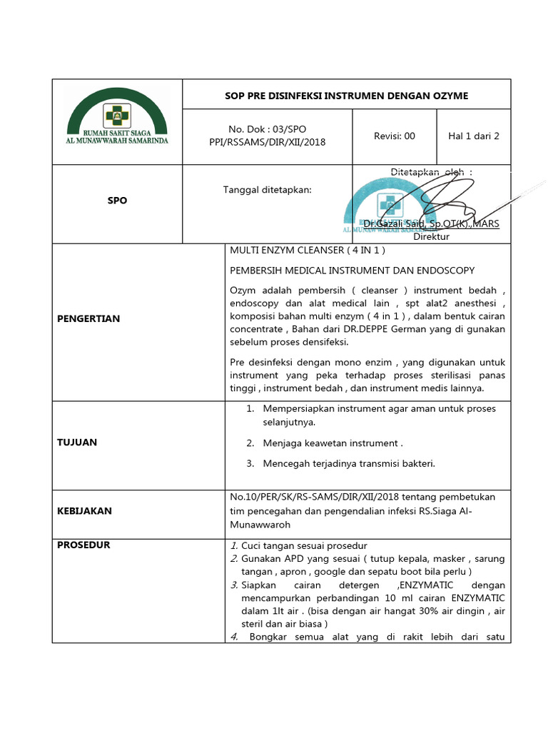 Spo Pre Desinfrksi Instrumen Dengan Ozyme | PDF