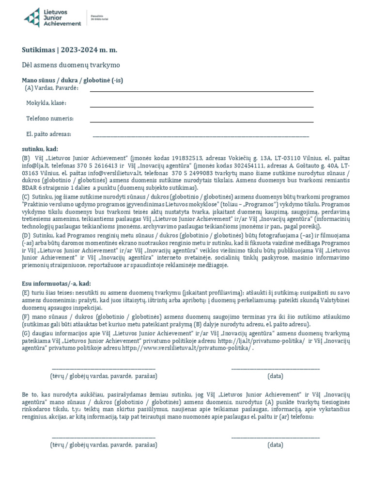 Sutikimas 2023-2024 (Iki 16 M Pildo Tevai) | PDF