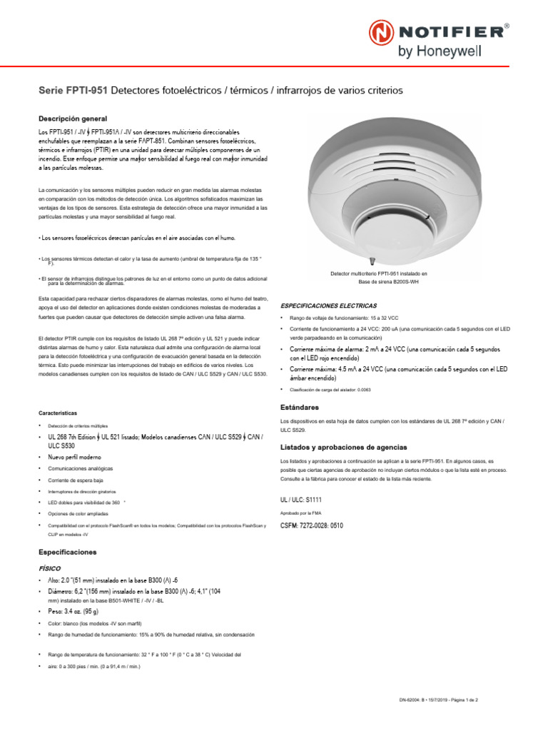 Detector de Humo Multicriterio FPTI 951 Notifier | PDF | Infrarrojo ...