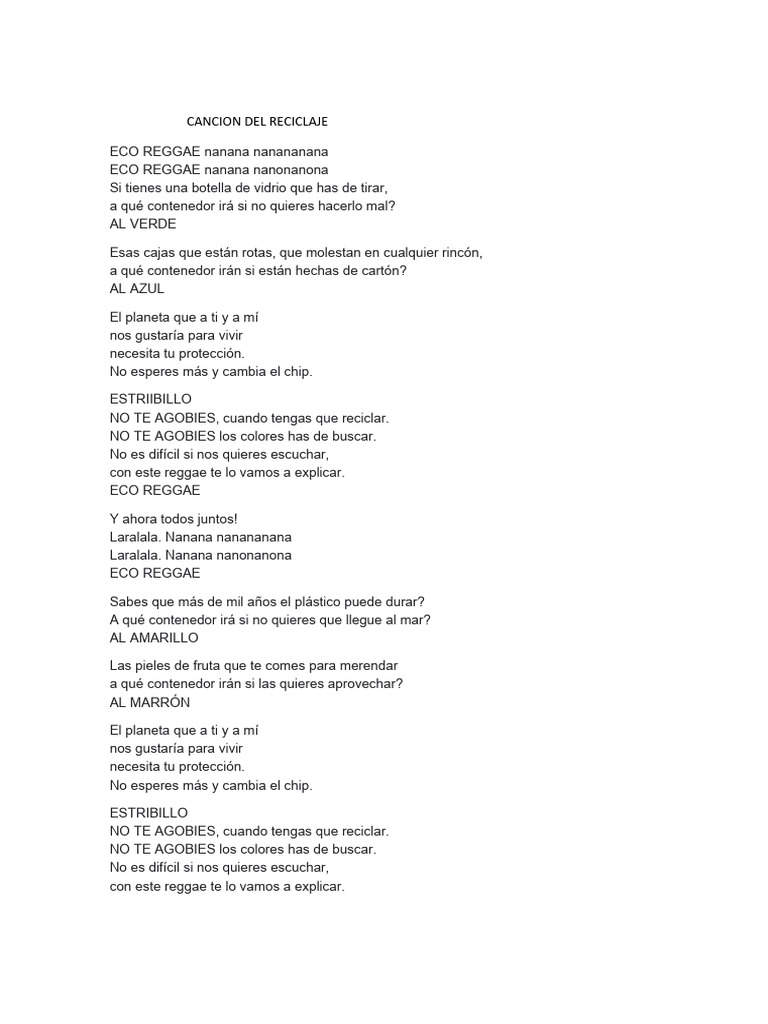 Cancion Del Reciclaje Letra | PDF