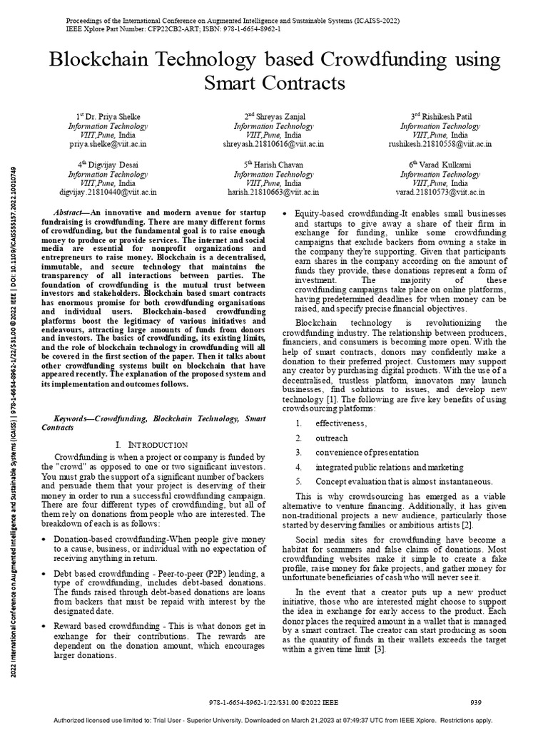 Blockchain Technology Based Crowdfunding Using Smart Contracts Pdf Computing
