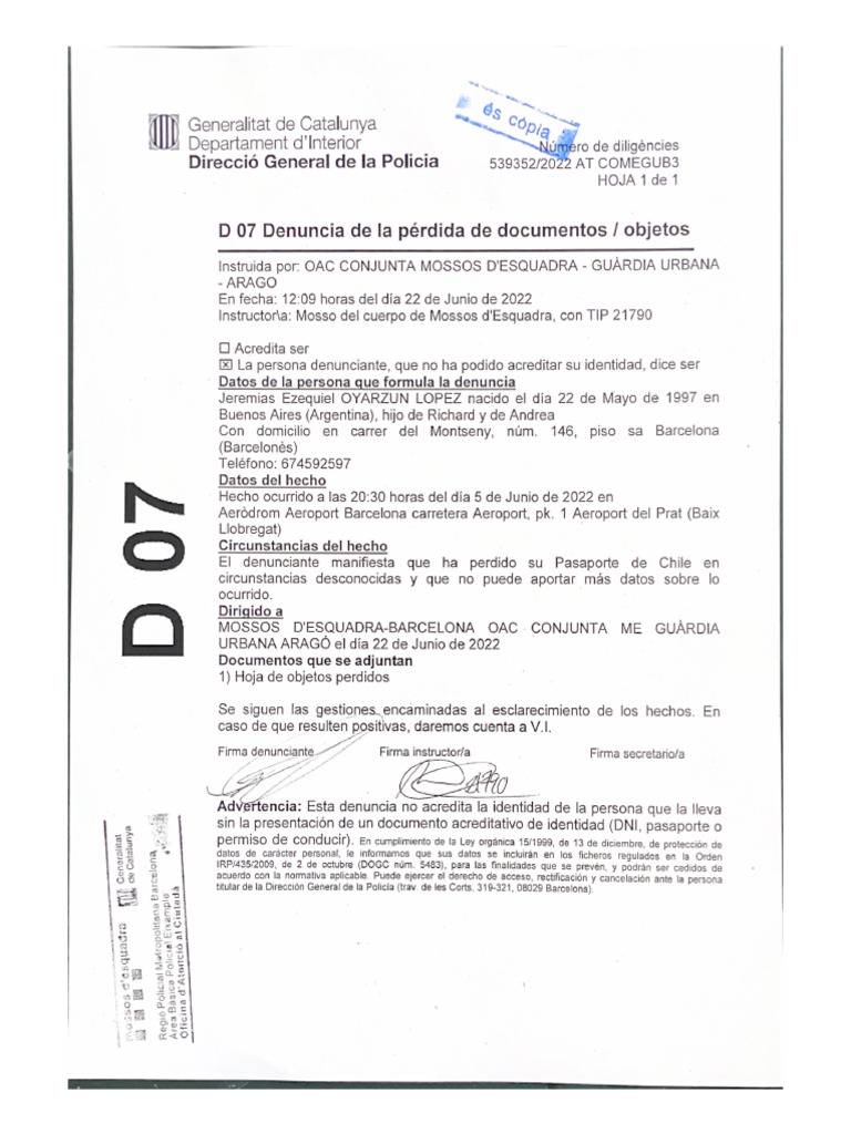 Denuncia Extravio | PDF