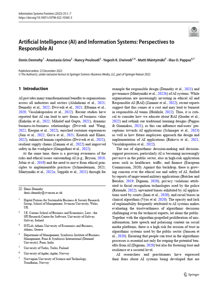 Artificial Intelligence (AI) and Information Systems - Perspectives To Responsible AI | PDF ...