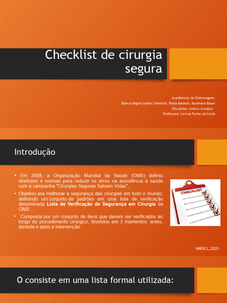 Checklist de Cirurgia Segura OMS | PDF | Enfermagem | Cirurgia