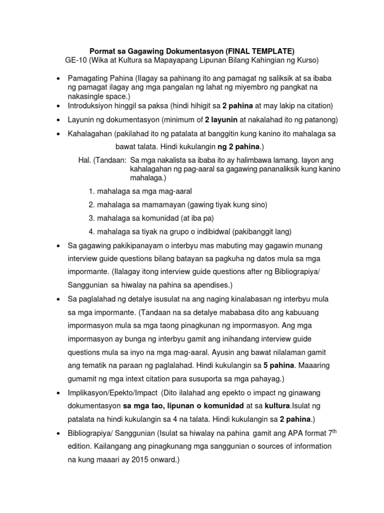 Pormat Sa Gagawing Dokumentasyon GE 10 Final Template | PDF
