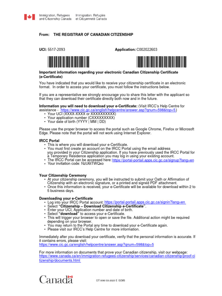 Download Your Canadian Citizenship e-Certificate | PDF | Computing