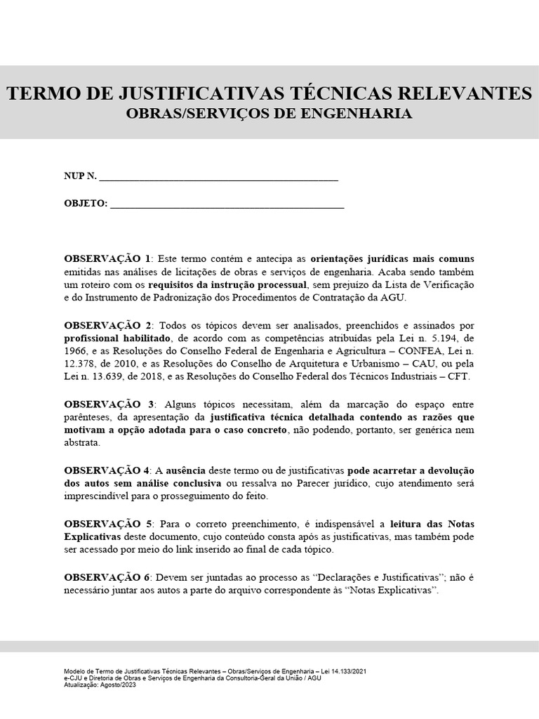Termo de Justificativas Tecnicas Relevantes Obras e Servicos Engenharia ...