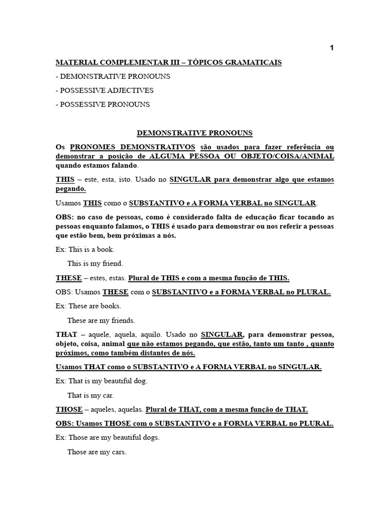 Material Complementar Iii | PDF | Pronome | Gramática