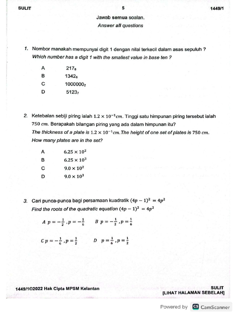 2022 Kelantan - MPSM Maths K1 | PDF