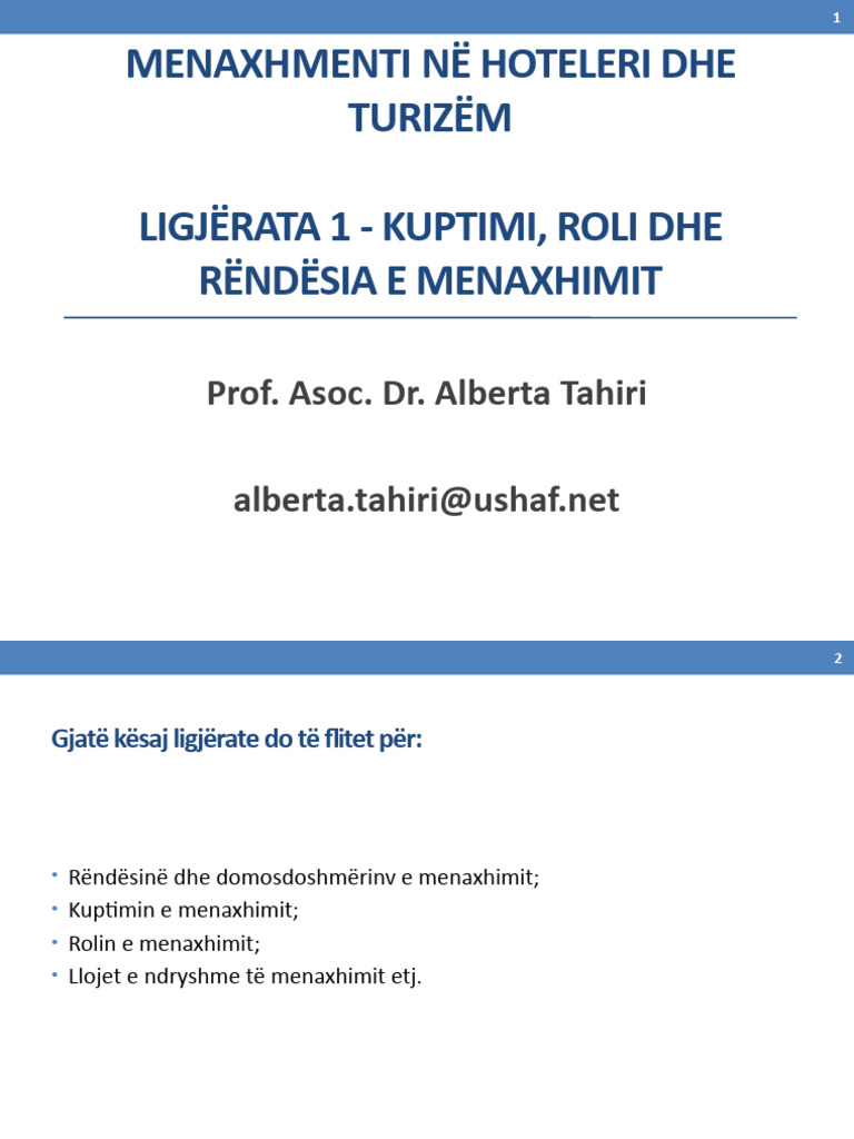 Menaxhmenti Në Hoteleri Dhe Turizëm Ligjërata 1 - Kuptimi, Roli Dhe Rëndësia E Menaxhimit | PDF