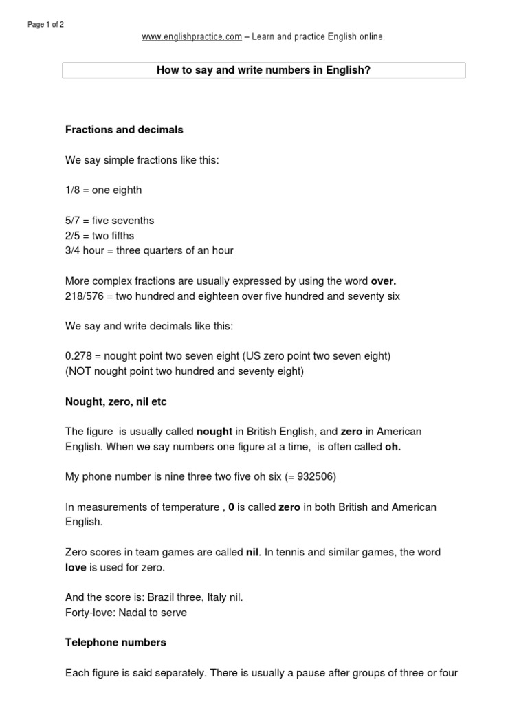 Writing Numbers in English Guide | PDF