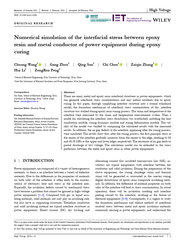 High Voltage - 2022 - Wang - Numerical Simulation of The Interfacial Stress Between Epoxy Resin ...