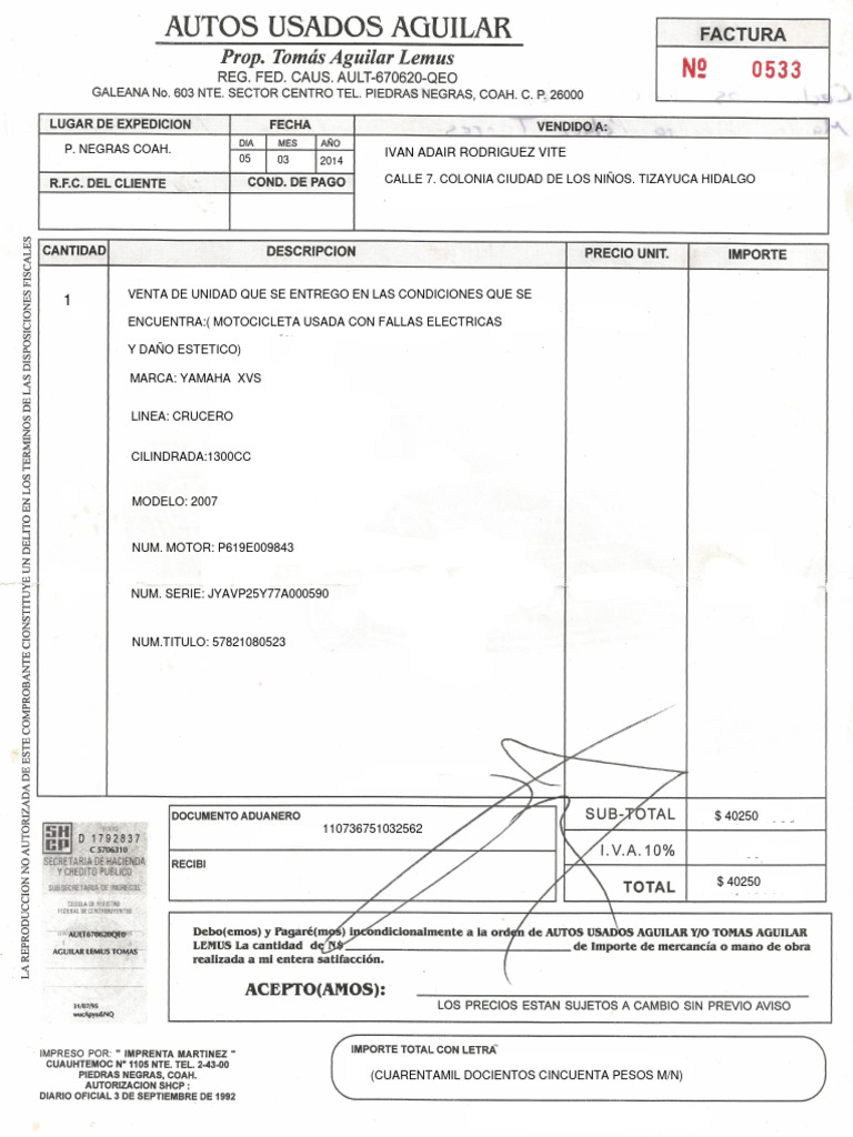Factura de Yamaha XVS 1300 1 | PDF