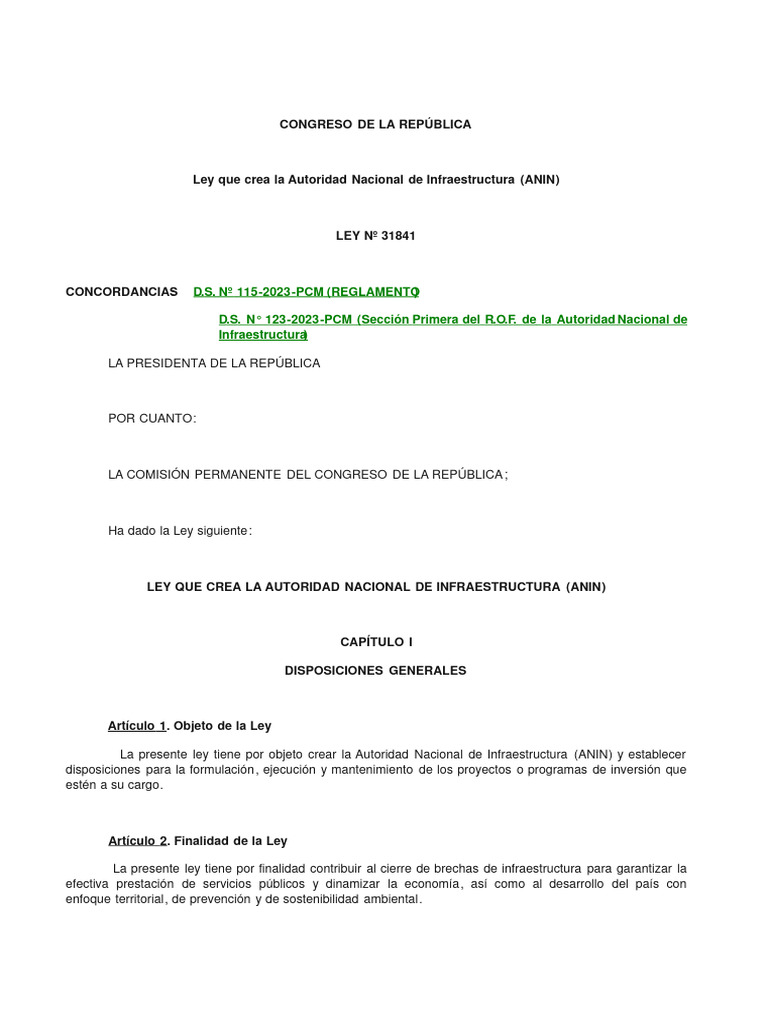 Ley 31841 Ley Que Crea La Anin Pdf Infraestructura Economias