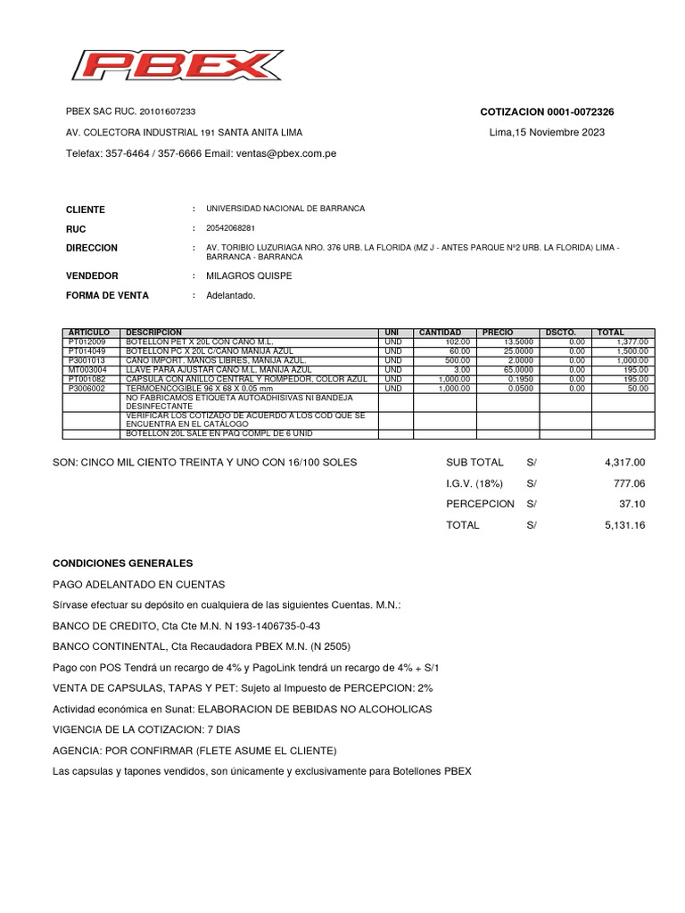 Cotizacion 0001 0072326 Pebex | PDF