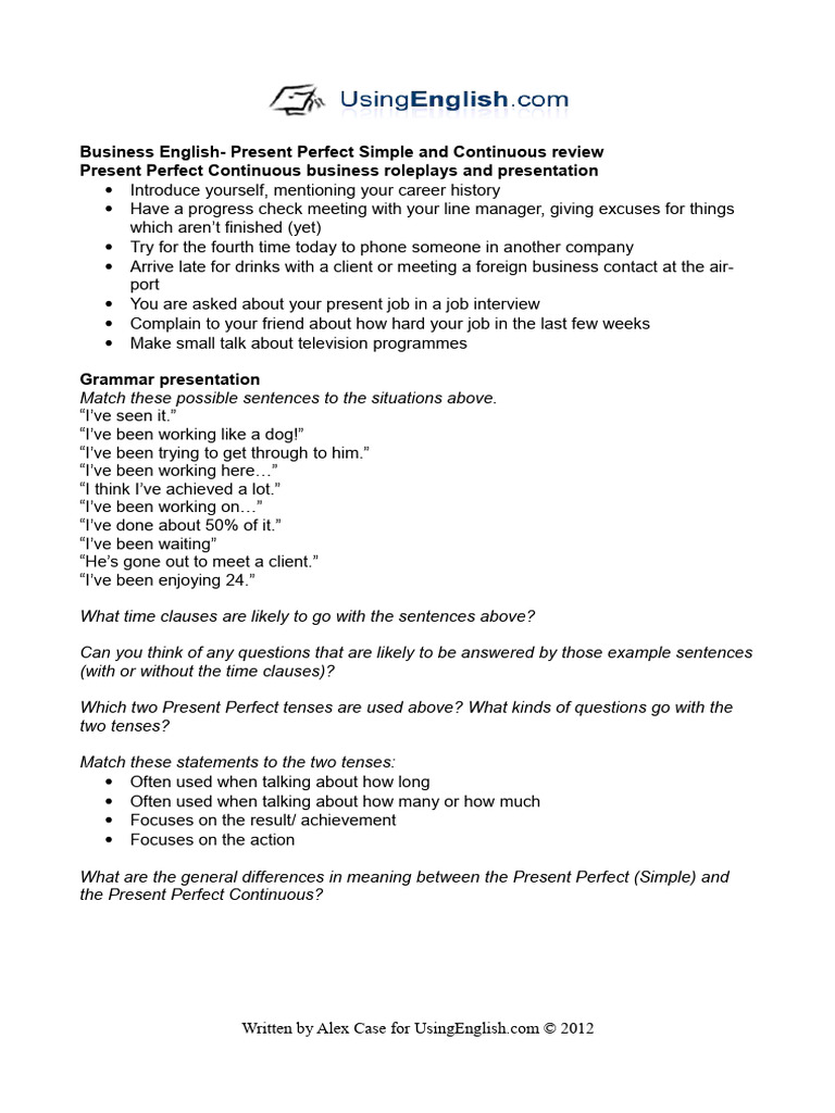 Business English Present Perfect Simple Progressive | PDF