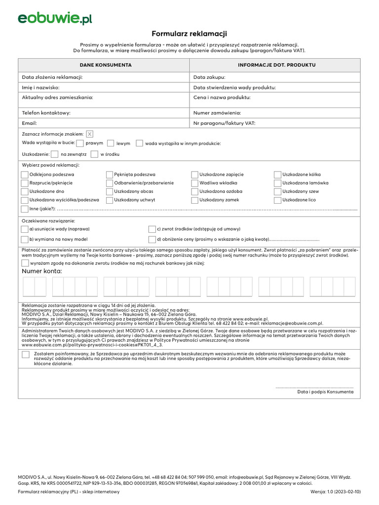 PL - EOB - 20230210 - Formularz - Reklamacji - Kopia (2) - Kopia - Kopia | PDF