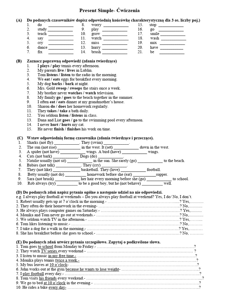 Present Simple Ćwiczenia | PDF | Foreign Language Studies | Home & Garden