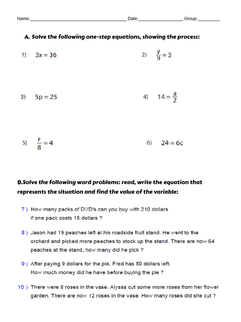 Quiz One-Step Equations 5th | PDF