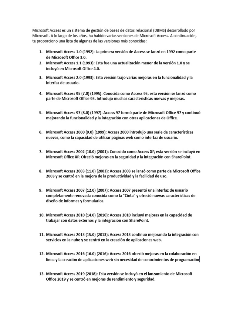 Evolución de Microsoft Access: Versiones Clave | PDF | Microsoft ...