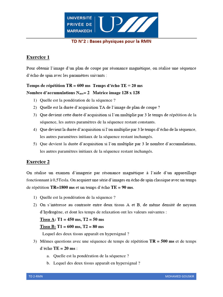 Bases physiques de la RMN : Exercices | PDF