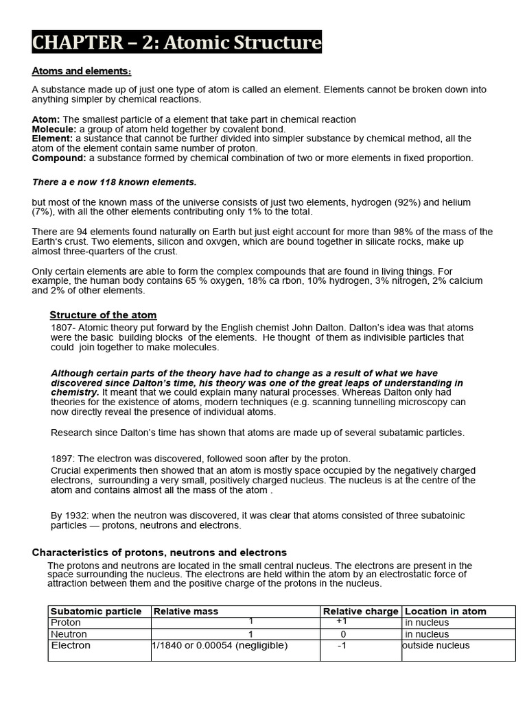 Chemistry Ch 2 Atomic Structure Pdf Atoms Atomic Nucleus