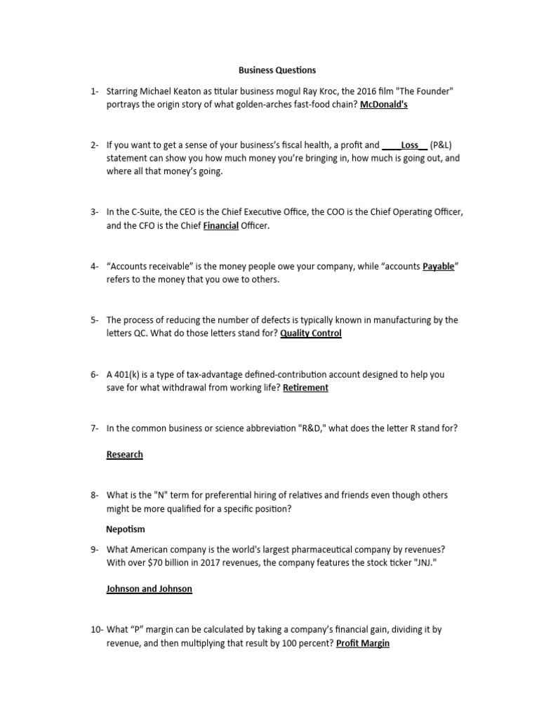 Business Questions Trivia 1 | PDF | Derivative (Finance) | Balance Sheet