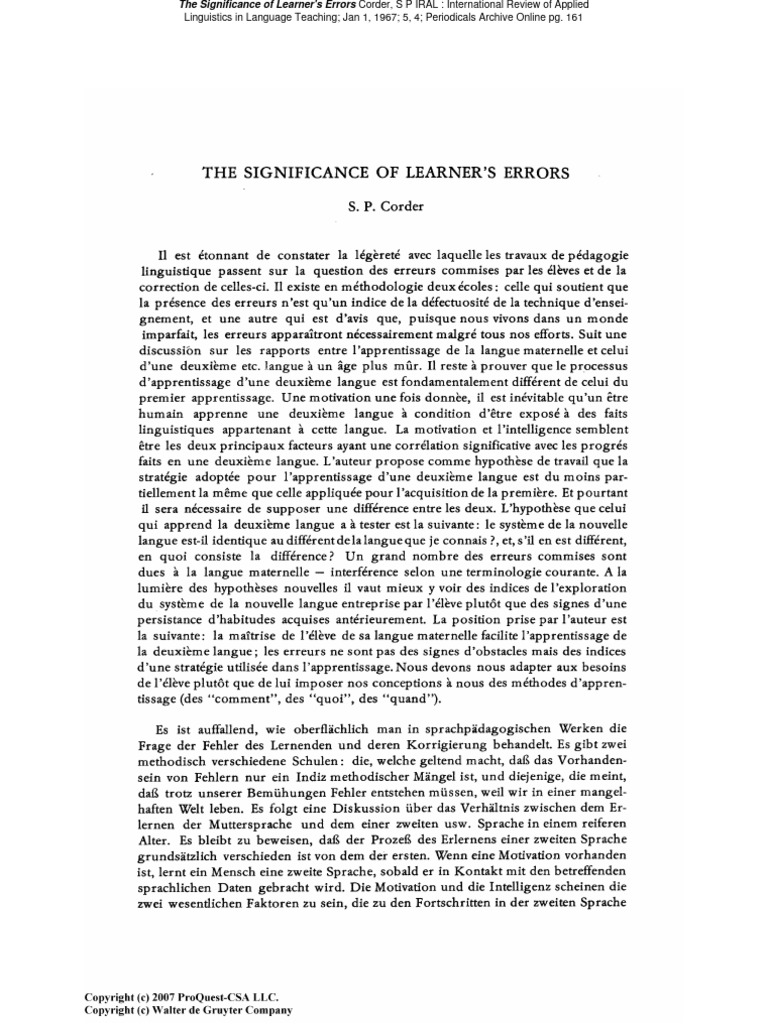 The Significance of Learner's Errors - S. P. Corder | PDF | Language Arts & Discipline