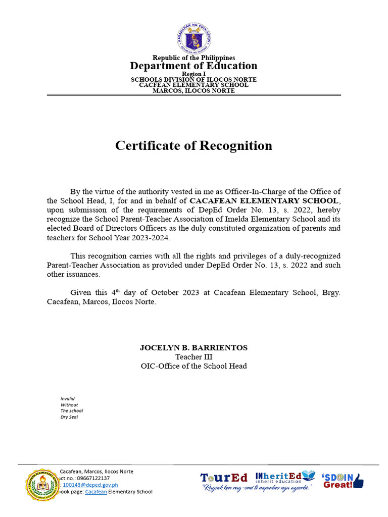 Certificate of Recognition Spta Bod Officers | PDF