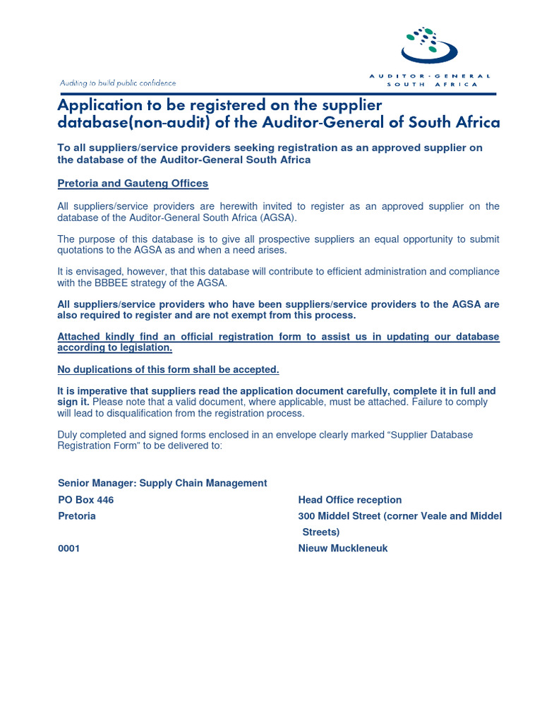 AGSA Supplier Database Registration Form | PDF | Indemnity | Taxes