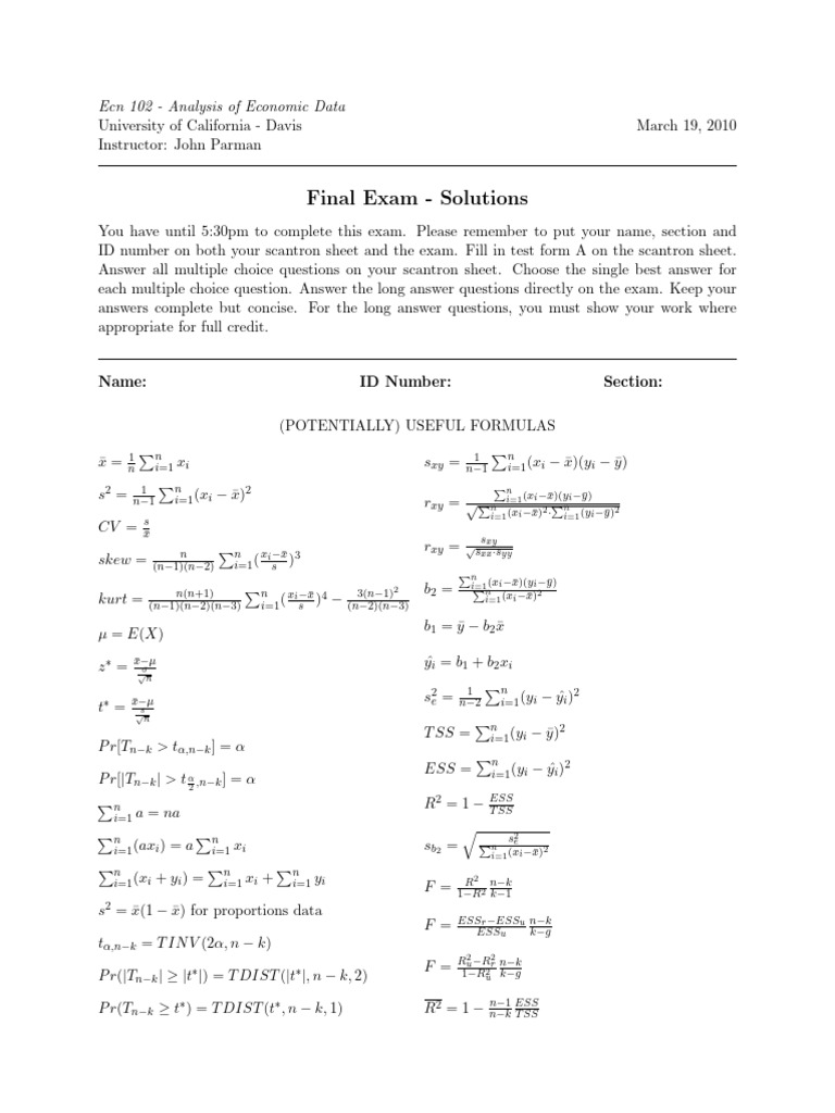 Final Exam 102 w10 Solutions | PDF | Errors And Residuals | Coefficient Of Determination