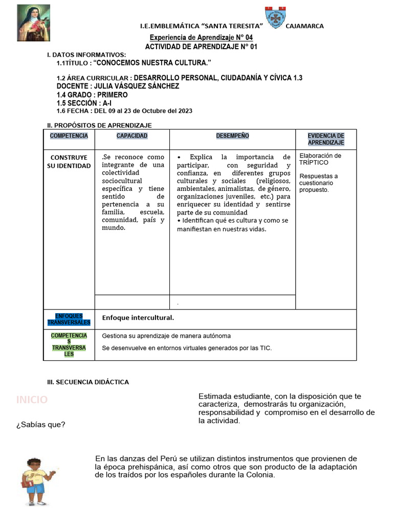 Actividad 1 de La Experiencia 04 de DPCC 2023 Primero | PDF | Perú | Aprendizaje