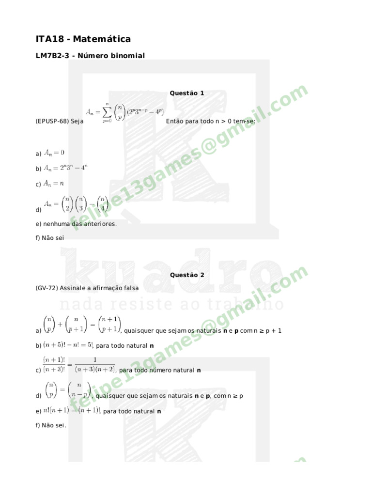 Questões sobre Números Binomiais | PDF | Álgebra abstrata | Objetos matemáticos