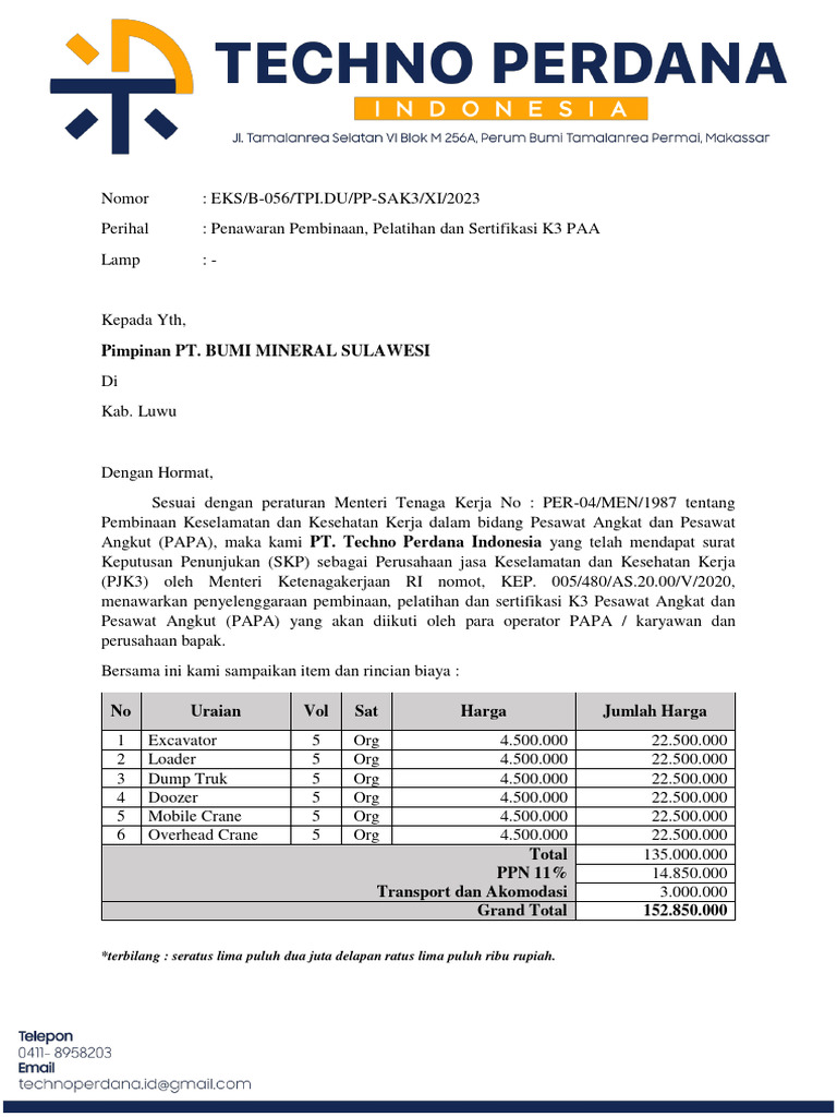 Surat Penawaran Harga Kerja Pembinaan K3 Operator Alat Berat | PDF | Griya & Taman