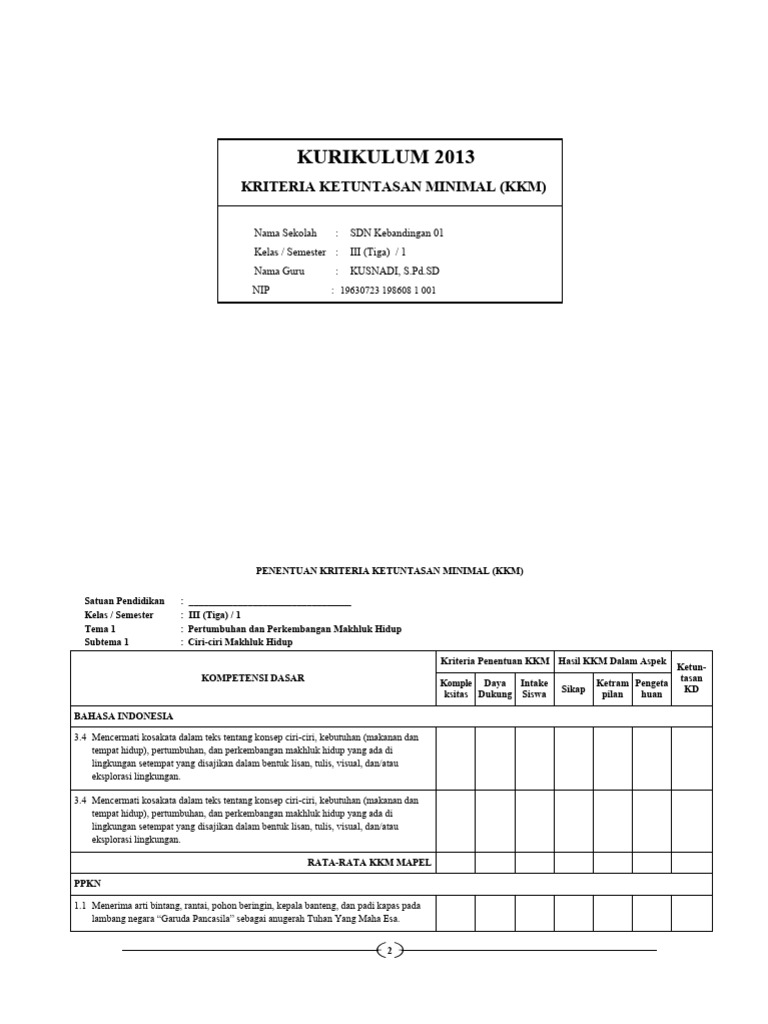 KKM Kelas 3 | PDF