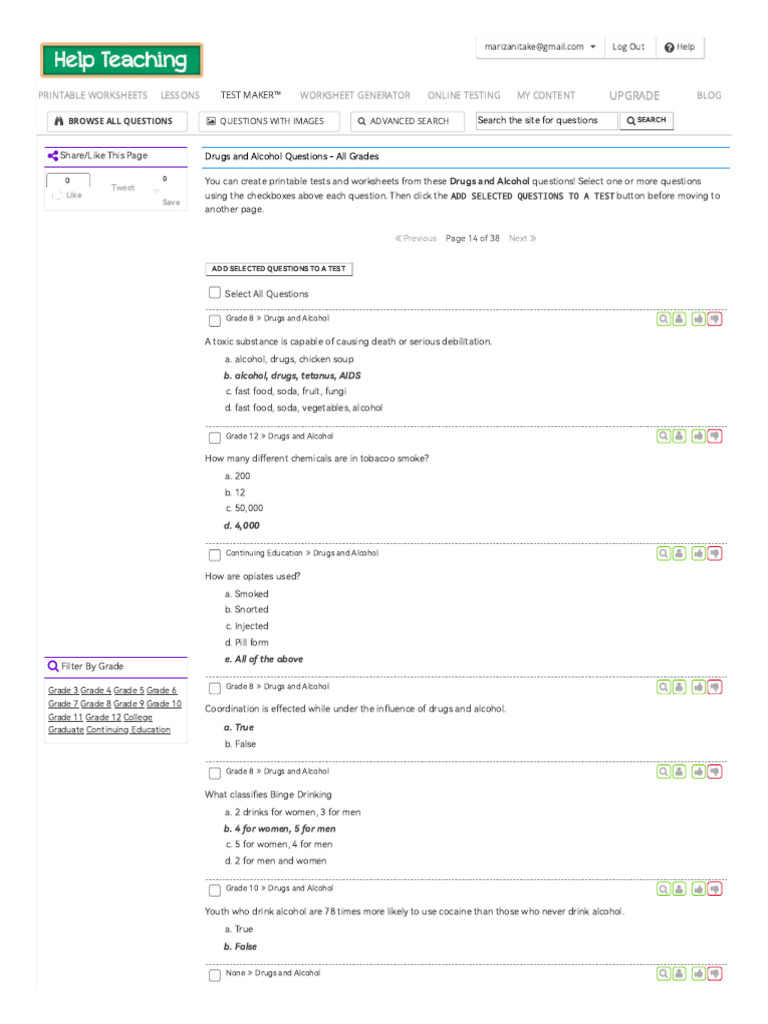 Drugs and Alcohol Questions For Tests and Worksheets - Page 14 | PDF ...