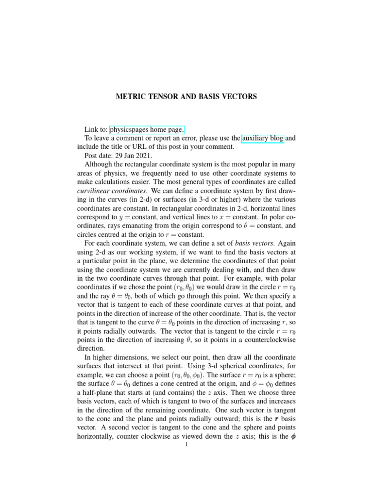 Metric Tensor And Basis Vectors Pdf Coordinate System Tensor