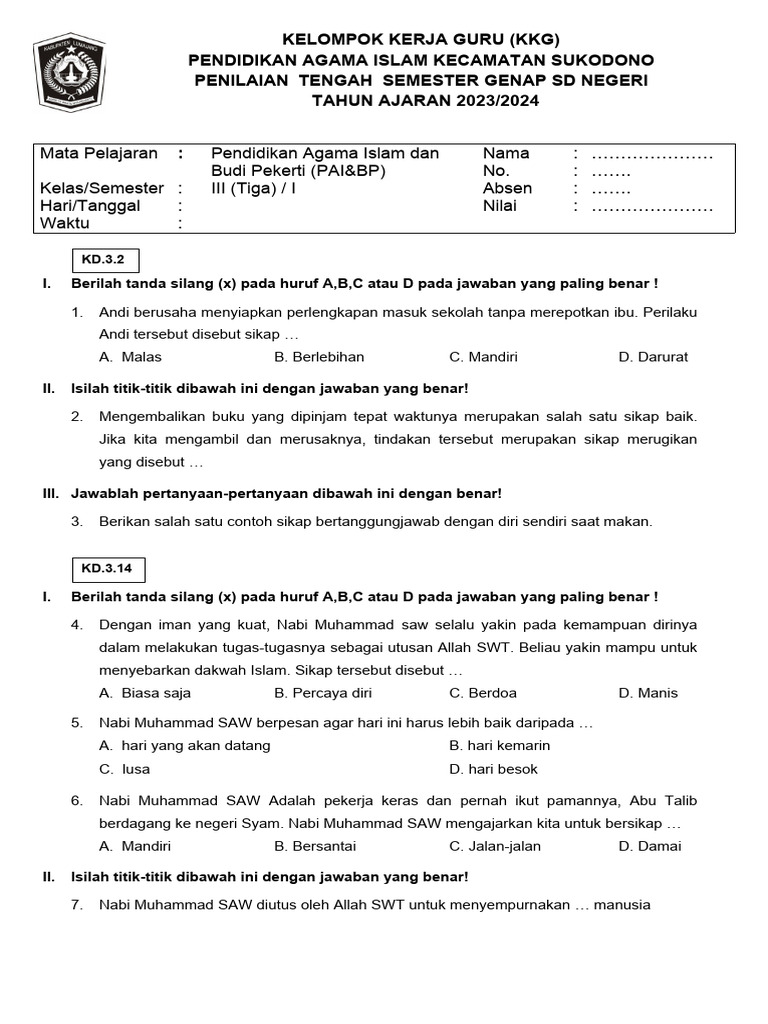 Pai Kelas 3 Soal Ganjil 2023 | PDF