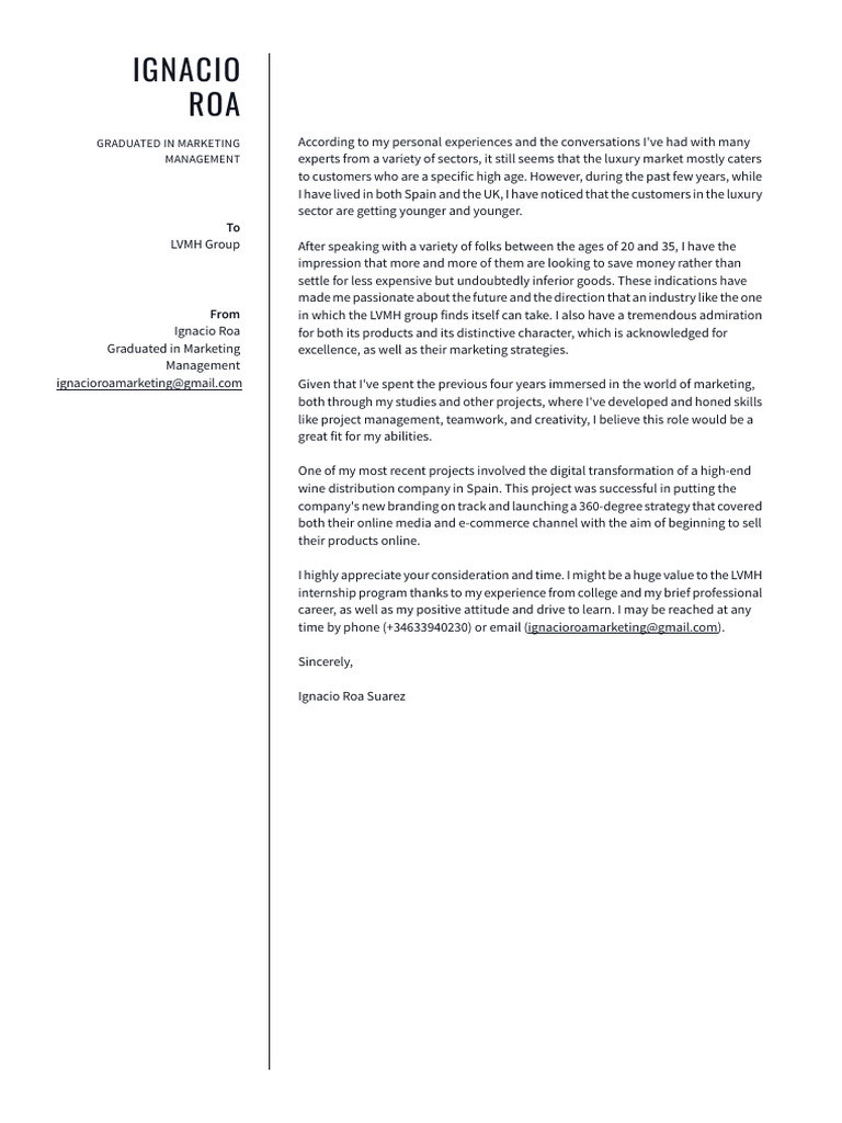 Ignacio Roa - Cover Letter - LVMH | PDF | Luxury Goods | Economies