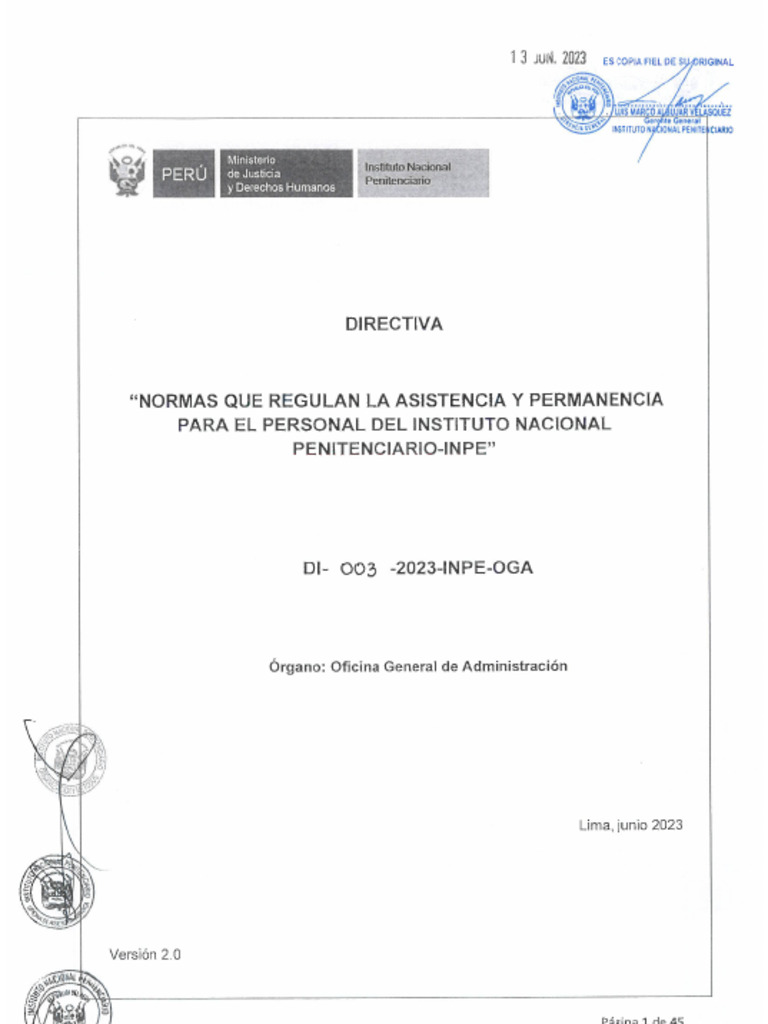 DIRECTIVA 003-2023-InPE-OGA - Asistencia y Permanencia de Personal Del INPE 2023 | PDF