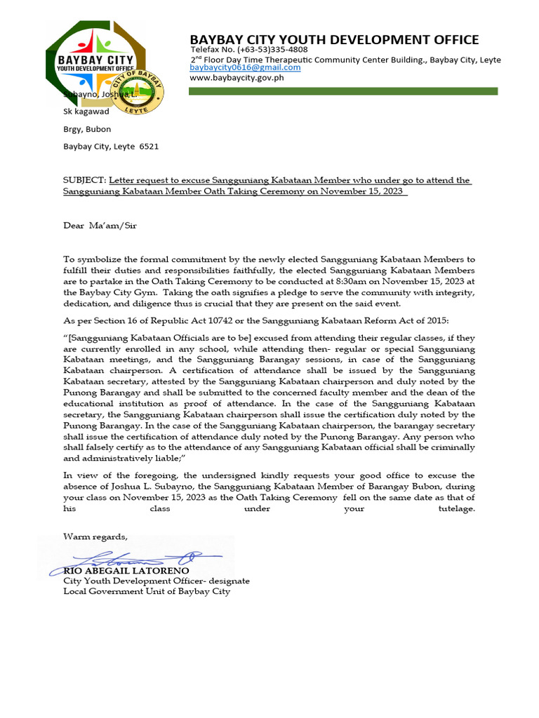 CYDO03 Excuse Letter For SK Members Oath Taking Joanna | PDF | Justice ...