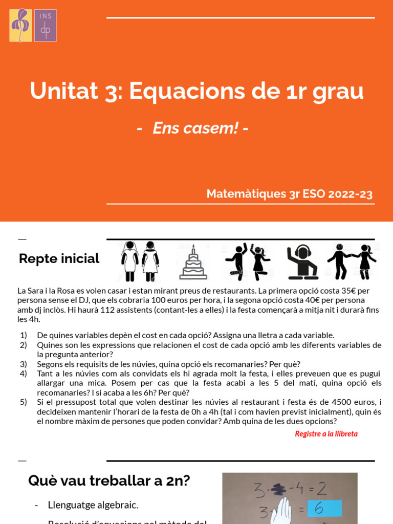 Unitat 3 - Equacions de Primer Grau | PDF