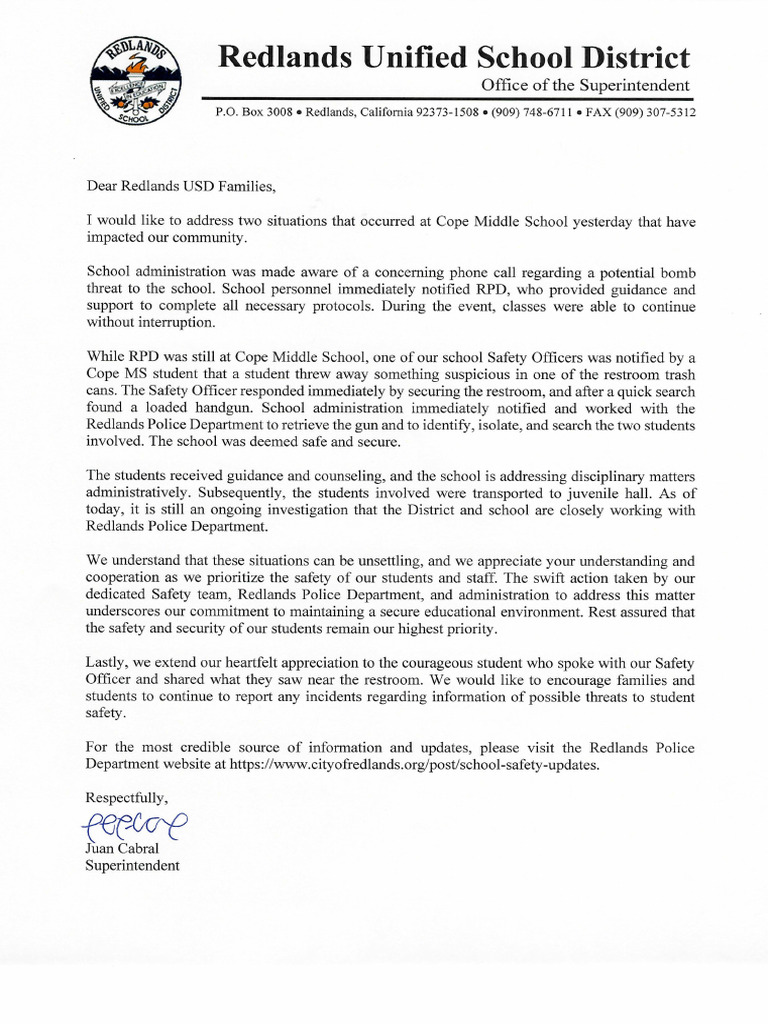 Redlands Unified Letter About Handgun at Cope Middle School | PDF