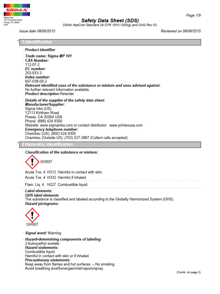 Sigma MP 101 (US) EN Sds | PDF | Dangerous Goods | Safety